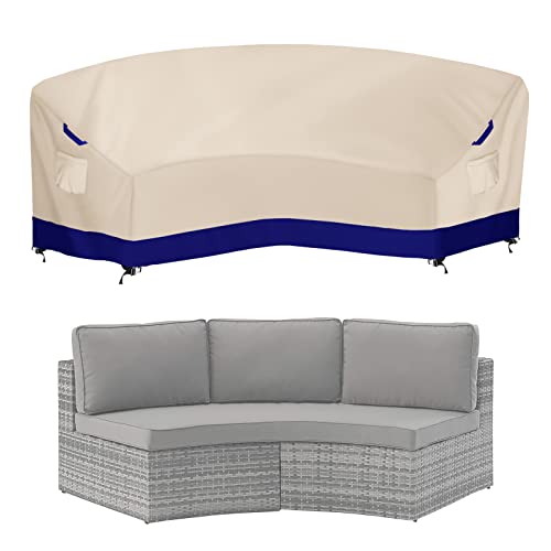 DUSTYPROTE Curved Sofa Cover,Outdoor Couch Cover 600D，Outdoor Sectional Covers Waterproof 150" L(Back)/112" L(Front) x 36" D x 38" H, Khaki with Dark Blue