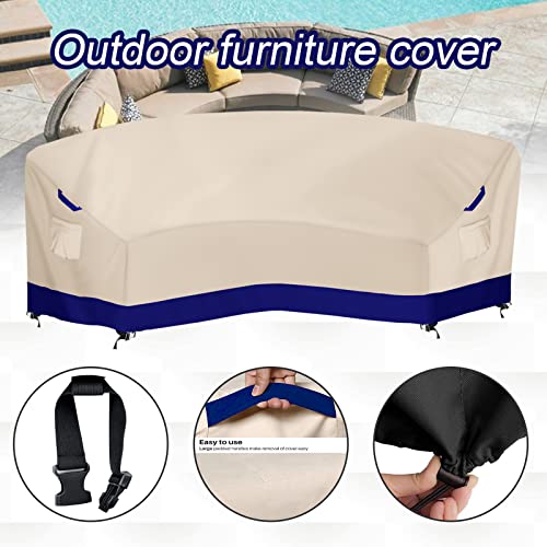 DUSTYPROTE Curved Sofa Cover,Outdoor Couch Cover 600D，Outdoor Sectional Covers Waterproof 150" L(Back)/112" L(Front) x 36" D x 38" H, Khaki with Dark Blue