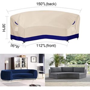 DUSTYPROTE Curved Sofa Cover,Outdoor Couch Cover 600D，Outdoor Sectional Covers Waterproof 150" L(Back)/112" L(Front) x 36" D x 38" H, Khaki with Dark Blue