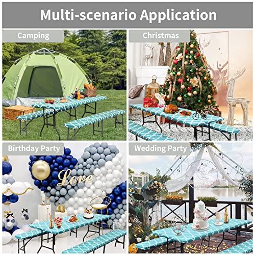 Easy-Going 100% Waterproof Picnic Outdoor Tablecloth with Bench Covers Fit 6 Foot Rectangle Table, 3-Piece Set Camping Table Cover with Seat Covers (30x72 in, Moroccan/Teal & White)