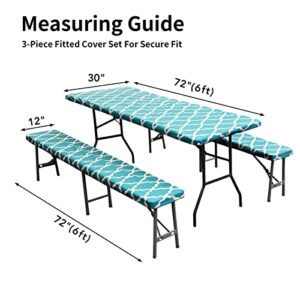 Easy-Going 100% Waterproof Picnic Outdoor Tablecloth with Bench Covers Fit 6 Foot Rectangle Table, 3-Piece Set Camping Table Cover with Seat Covers (30x72 in, Moroccan/Teal & White)