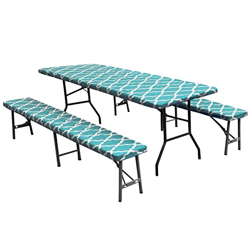 Easy-Going 100% Waterproof Picnic Outdoor Tablecloth with Bench Covers Fit 6 Foot Rectangle Table, 3-Piece Set Camping Table Cover with Seat Covers (30x72 in, Moroccan/Teal & White)