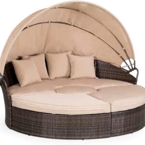 Omelaza Outdoor Round Daybed Sofas Patio Furniture with Retractable Canopy, Brown Wicker, 4 Pieces Seating Separates Cushioned Sectional Sofa, and 1 Round Center Table, for Lawn, Poolside, Garden