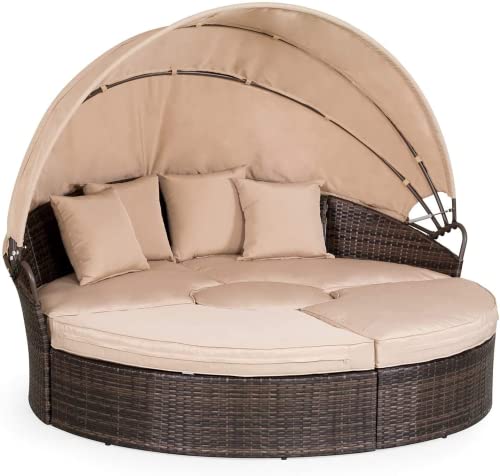 Omelaza Outdoor Round Daybed Sofas Patio Furniture with Retractable Canopy, Brown Wicker, 4 Pieces Seating Separates Cushioned Sectional Sofa, and 1 Round Center Table, for Lawn, Poolside, Garden