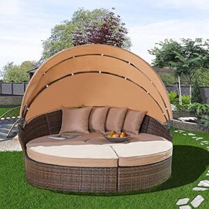 Omelaza Outdoor Round Daybed Sofas Patio Furniture with Retractable Canopy, Brown Wicker, 4 Pieces Seating Separates Cushioned Sectional Sofa, and 1 Round Center Table, for Lawn, Poolside, Garden