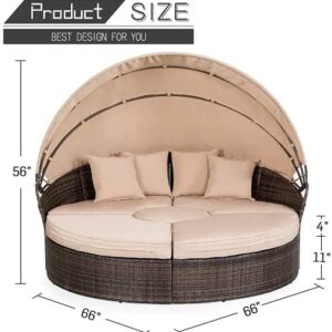 Omelaza Outdoor Round Daybed Sofas Patio Furniture with Retractable Canopy, Brown Wicker, 4 Pieces Seating Separates Cushioned Sectional Sofa, and 1 Round Center Table, for Lawn, Poolside, Garden