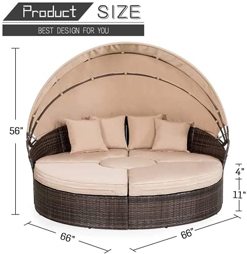 Omelaza Outdoor Round Daybed Sofas Patio Furniture with Retractable Canopy, Brown Wicker, 4 Pieces Seating Separates Cushioned Sectional Sofa, and 1 Round Center Table, for Lawn, Poolside, Garden