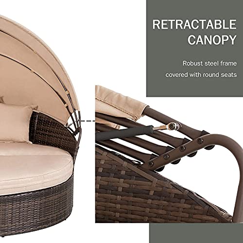 Omelaza Outdoor Round Daybed Sofas Patio Furniture with Retractable Canopy, Brown Wicker, 4 Pieces Seating Separates Cushioned Sectional Sofa, and 1 Round Center Table, for Lawn, Poolside, Garden