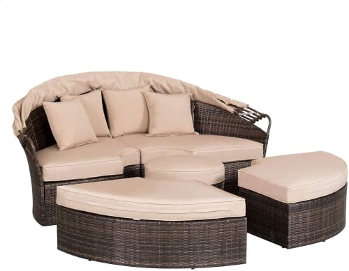 Omelaza Outdoor Round Daybed Sofas Patio Furniture with Retractable Canopy, Brown Wicker, 4 Pieces Seating Separates Cushioned Sectional Sofa, and 1 Round Center Table, for Lawn, Poolside, Garden