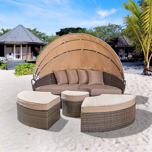 Omelaza Outdoor Round Daybed Sofas Patio Furniture with Retractable Canopy, Brown Wicker, 4 Pieces Seating Separates Cushioned Sectional Sofa, and 1 Round Center Table, for Lawn, Poolside, Garden