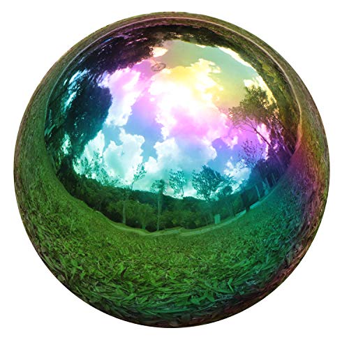 Kesywale Rainbow Gazing Globe Mirror Balls for Garden Home Stainless Steel Shiny Hollow Sphere Sparkling Outdoor Ornament (8 Inch)