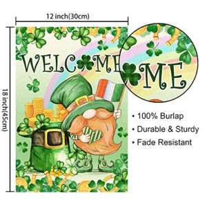 St Patricks Day Garden Flag, St Patricks Day Flag 12x18 Double Sided, St. Patrick's Day Burlap Yard Flag with Gnomes Leprechaun Shamrock Irish Clover Welcome Vertical Signs for Outdoor Decorations