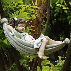 qwertyui retro garden statue outdoor hanging statue, resin weather-resistant boy girl on swing ornaments, outdoor sleeping boy sculpture, for patio home courtyard furnishings yard lawn tree porch (b)