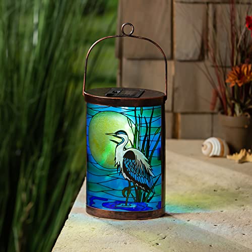 Evergreen Handpainted Solar Glass Lantern, Blue Heron 12 x 8.3 inch for Patio, Lawn and Garden Outdoor Décor