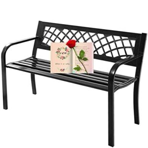 Patio Bench Park Bench Outdoor Bench Garden Bench, Metal Pack Bench with Armrests 480lbs Cast Iron Sturdy Steel Frame Furniture Chair for Porch Entryway Lawn Decor Deck