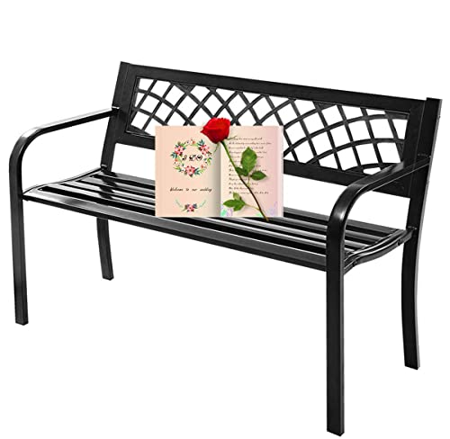 Patio Bench Park Bench Outdoor Bench Garden Bench, Metal Pack Bench with Armrests 480lbs Cast Iron Sturdy Steel Frame Furniture Chair for Porch Entryway Lawn Decor Deck