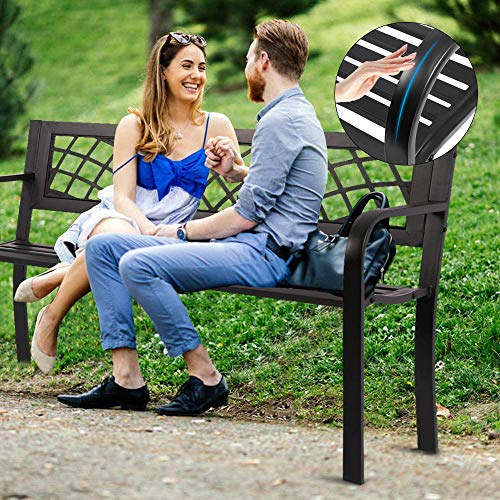 Patio Bench Park Bench Outdoor Bench Garden Bench, Metal Pack Bench with Armrests 480lbs Cast Iron Sturdy Steel Frame Furniture Chair for Porch Entryway Lawn Decor Deck