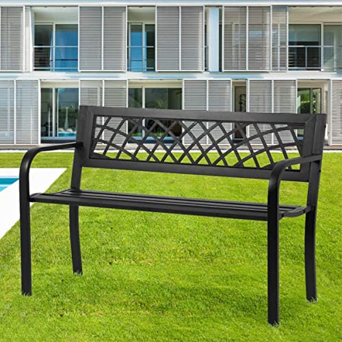 Patio Bench Park Bench Outdoor Bench Garden Bench, Metal Pack Bench with Armrests 480lbs Cast Iron Sturdy Steel Frame Furniture Chair for Porch Entryway Lawn Decor Deck