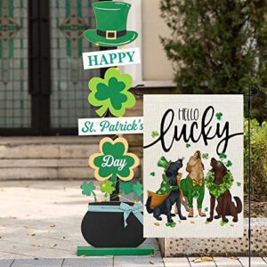 CROWNED BEAUTY St Patricks Day Dogs Garden Flag 12x18 Inch Double Sided for Outside Small Burlap Green Shamrock Hello Lucky Yard Holiday Decoration CF739-12