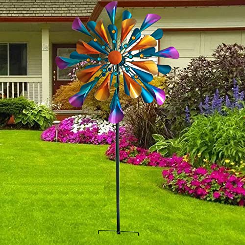 Kinetic Wind Spinners Outdoor Garden Stake, Hight 66 Inch Metal Windmill for Yard Patio Lawn Garden Decorations, 360 Swivel Flower Double Wind Catchers Spinner with Stable Metal Stake