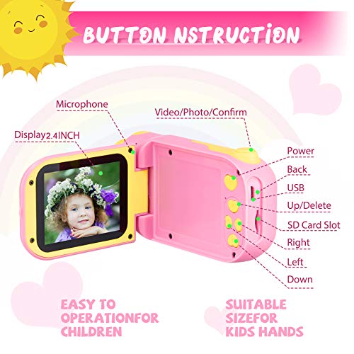 SUZIYO Kids Video Camera Digital Camcorder, Birthday Gifts for Age 3 4 5 6 7 8 9 Boys and Girls, Children Videos Recorder Toy for Toddler HD 1080P 2.4 Screen with 32GB Micro SD Card- Pink