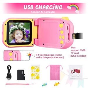 SUZIYO Kids Video Camera Digital Camcorder, Birthday Gifts for Age 3 4 5 6 7 8 9 Boys and Girls, Children Videos Recorder Toy for Toddler HD 1080P 2.4 Screen with 32GB Micro SD Card- Pink