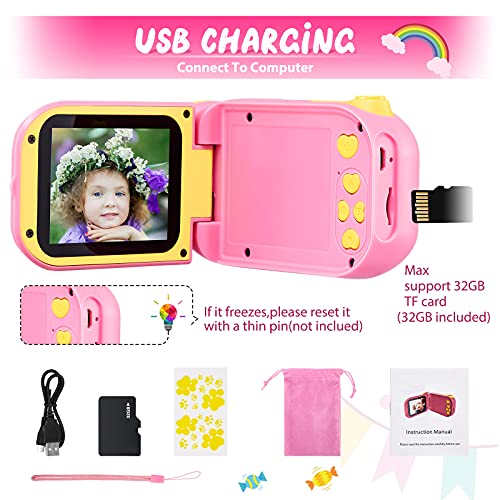 SUZIYO Kids Video Camera Digital Camcorder, Birthday Gifts for Age 3 4 5 6 7 8 9 Boys and Girls, Children Videos Recorder Toy for Toddler HD 1080P 2.4 Screen with 32GB Micro SD Card- Pink