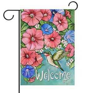 hzppyz welcome spring floral flowers garden flag double sided, morning glory hummingbird birds decorative yard outdoor home small decor, summer farmhouse burlap outside house decoration 12 x 18