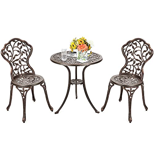 Tangkula 3 Pieces Outdoor Bistro Set, Patio Furniture Set with Rust-Resistant Cast Aluminum Frame, Outdoor Table and Chairs Furniture for Balcony Backyard Garden & Poolside