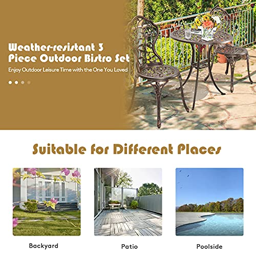 Tangkula 3 Pieces Outdoor Bistro Set, Patio Furniture Set with Rust-Resistant Cast Aluminum Frame, Outdoor Table and Chairs Furniture for Balcony Backyard Garden & Poolside