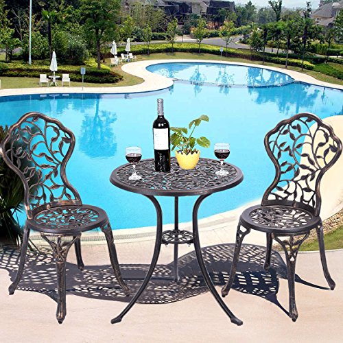 Tangkula 3 Pieces Outdoor Bistro Set, Patio Furniture Set with Rust-Resistant Cast Aluminum Frame, Outdoor Table and Chairs Furniture for Balcony Backyard Garden & Poolside