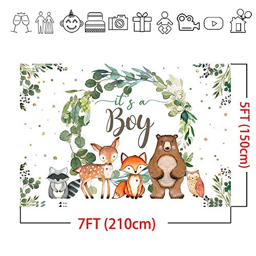 Mocsicka Woodland Baby Shower Backdrop It's a Boy Greenery Wreath Fox Bear Photo Backdrops Safari Jungle Animals Boy's Baby Shower Photography Background (7x5ft)