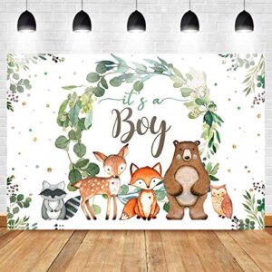 Mocsicka Woodland Baby Shower Backdrop It's a Boy Greenery Wreath Fox Bear Photo Backdrops Safari Jungle Animals Boy's Baby Shower Photography Background (7x5ft)