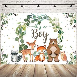 Mocsicka Woodland Baby Shower Backdrop It's a Boy Greenery Wreath Fox Bear Photo Backdrops Safari Jungle Animals Boy's Baby Shower Photography Background (7x5ft)