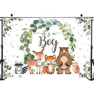 Mocsicka Woodland Baby Shower Backdrop It's a Boy Greenery Wreath Fox Bear Photo Backdrops Safari Jungle Animals Boy's Baby Shower Photography Background (7x5ft)