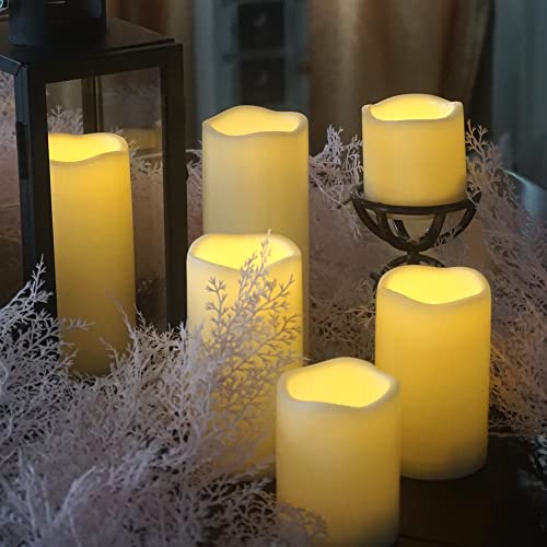 EZiHome Waterproof Outdoor Battery Operated Flameless Pillar Candles with Timer White Plastic Realistic Flickering Fake Electric LED Lights for Lantern Garden Wedding Christmas Decorations 6 Pack