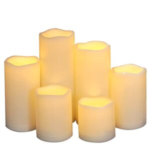 EZiHome Waterproof Outdoor Battery Operated Flameless Pillar Candles with Timer White Plastic Realistic Flickering Fake Electric LED Lights for Lantern Garden Wedding Christmas Decorations 6 Pack