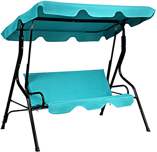 Moccha 3 Person Outdoor Patio Swing Canopy Hammock with Steel Frame, Adjustable Tilt Awning, Weather Resistant Polyester Fabric, Padded Cushion, for Garden, Deck, Poolside, Turquoise