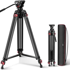 NEEWER 74" Pro Video Tripod with Fluid Head, Heavy Duty Aluminum Tripod with 360° Pan&-70°/+90° Tilt Head Quick Release Plate and Mid-Level Spreader for DSLR Camera&Camcorder, Max Load:17.6lb/8Kg-GM88