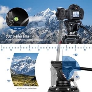 NEEWER 74" Pro Video Tripod with Fluid Head, Heavy Duty Aluminum Tripod with 360° Pan&-70°/+90° Tilt Head Quick Release Plate and Mid-Level Spreader for DSLR Camera&Camcorder, Max Load:17.6lb/8Kg-GM88