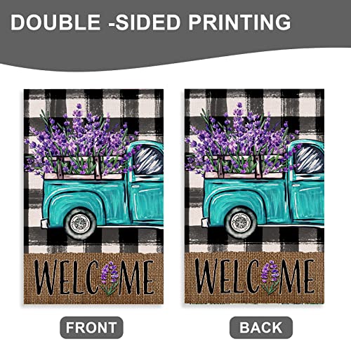 Covido Welcome Spring Blue Truck Decorative Garden Flag, Lavender Flowers Buffalo Plaid Check Yard Outside Decorations, Summer Farmhouse Burlap Outdoor Small Home Decor Double Sided 12 x 18