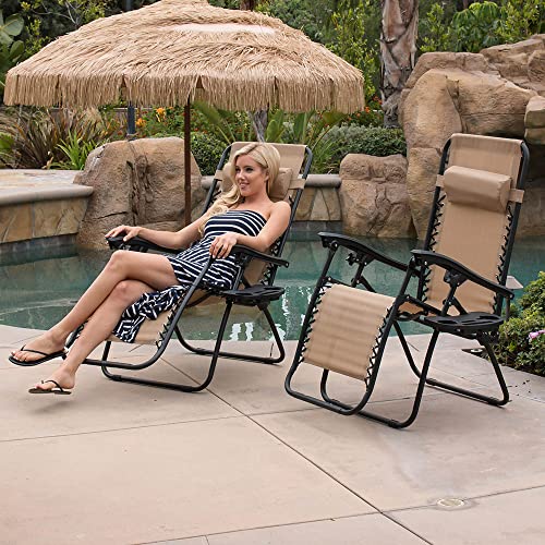 BELLEZE Zero Gravity Chairs Set of 2, Outdoor Adjustable Folding Lawn Chairs Recliner Chairs with Cup Holder Pillow, Lounge Chairs for Patio Camping Garden Beach Pool Side Deck, Beige