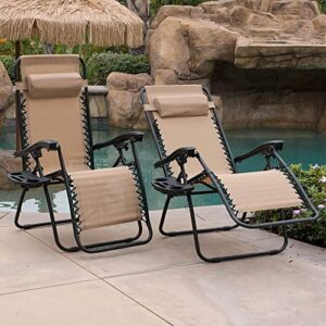 BELLEZE Zero Gravity Chairs Set of 2, Outdoor Adjustable Folding Lawn Chairs Recliner Chairs with Cup Holder Pillow, Lounge Chairs for Patio Camping Garden Beach Pool Side Deck, Beige