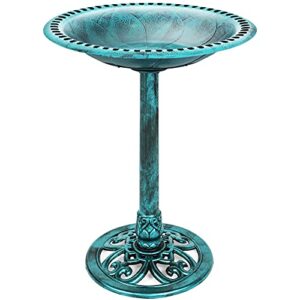 best choice products 28in pedestal bird bath, vintage outdoor resin accent decoration w/fleur-de-lis accents – green