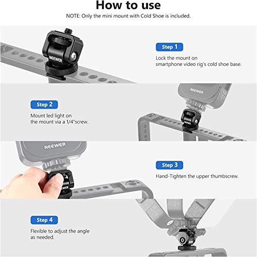 NEEWER 1/4" Mini Cold Shoe Mount Adapter Compatible with SmallRig Camera Phone Cage Rig, LED Video Light, Vlog Accessories, Mount Head Supports 138° Tilt Adjustment, Aluminum Alloy Structure, ST37