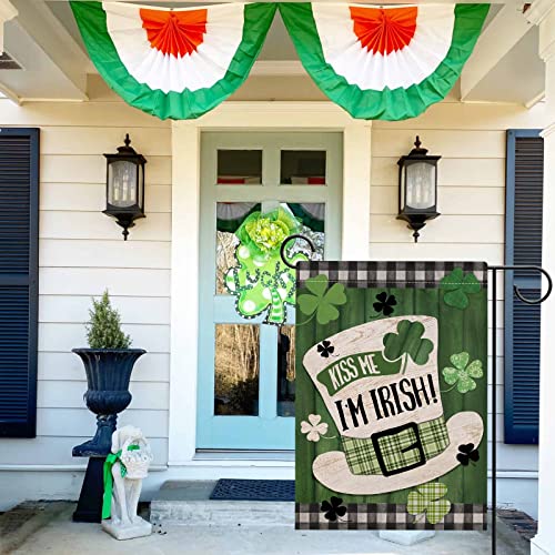 Hzppyz Happy St. Patrick's Day Top Hat Shamrock Irish Lucky Garden Flag Double Sided, Buffalo Plaid Check Farmhouse Clover Decorative Yard Outdoor Small Decor, Burlap Home Outside Decoration 12 x 18