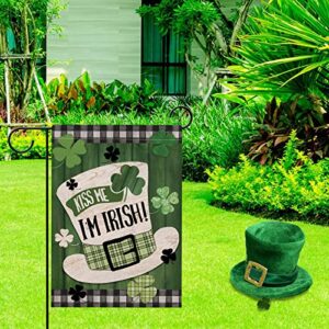 Hzppyz Happy St. Patrick's Day Top Hat Shamrock Irish Lucky Garden Flag Double Sided, Buffalo Plaid Check Farmhouse Clover Decorative Yard Outdoor Small Decor, Burlap Home Outside Decoration 12 x 18