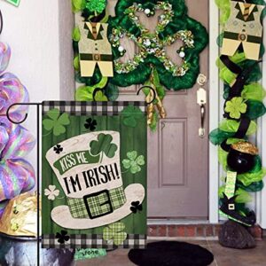 Hzppyz Happy St. Patrick's Day Top Hat Shamrock Irish Lucky Garden Flag Double Sided, Buffalo Plaid Check Farmhouse Clover Decorative Yard Outdoor Small Decor, Burlap Home Outside Decoration 12 x 18