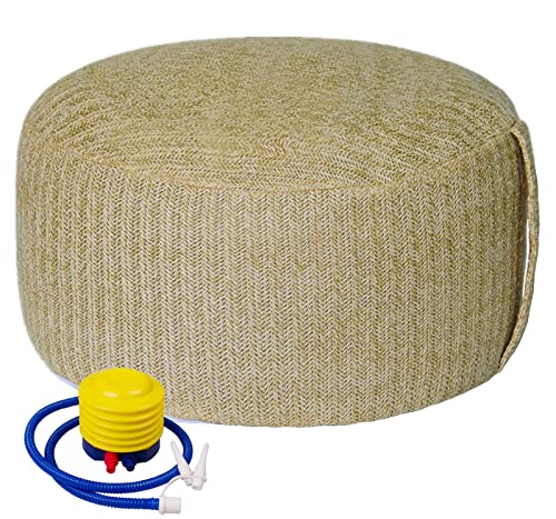 weruisi Woven Inflatable Ottoman with Air Pump D21”x H10” Outdoor Indoor Pouf Patio Footrest Stool with Portable Handle, Round Ottoman for Patio Garden, Camping, Bedroom, Living Room…