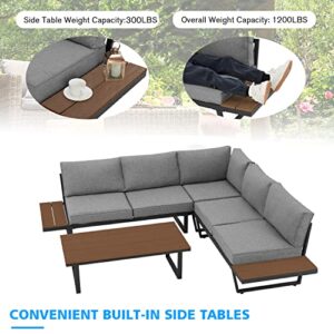 EROMMY 4 Pieces Outdoor Sectional Sofa Set with Coffee Table, 91''×91'' Extra Large L-Shaped Metal Conversation Set with All-Weather Gray Cushion and Built-in Side Table for Patio, Garden, Backyard